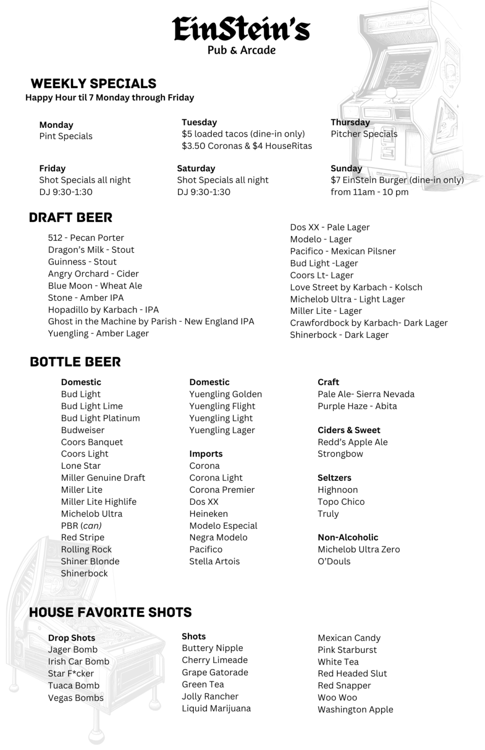 Menu - EinStein's Pub: Bar in Katy, TX